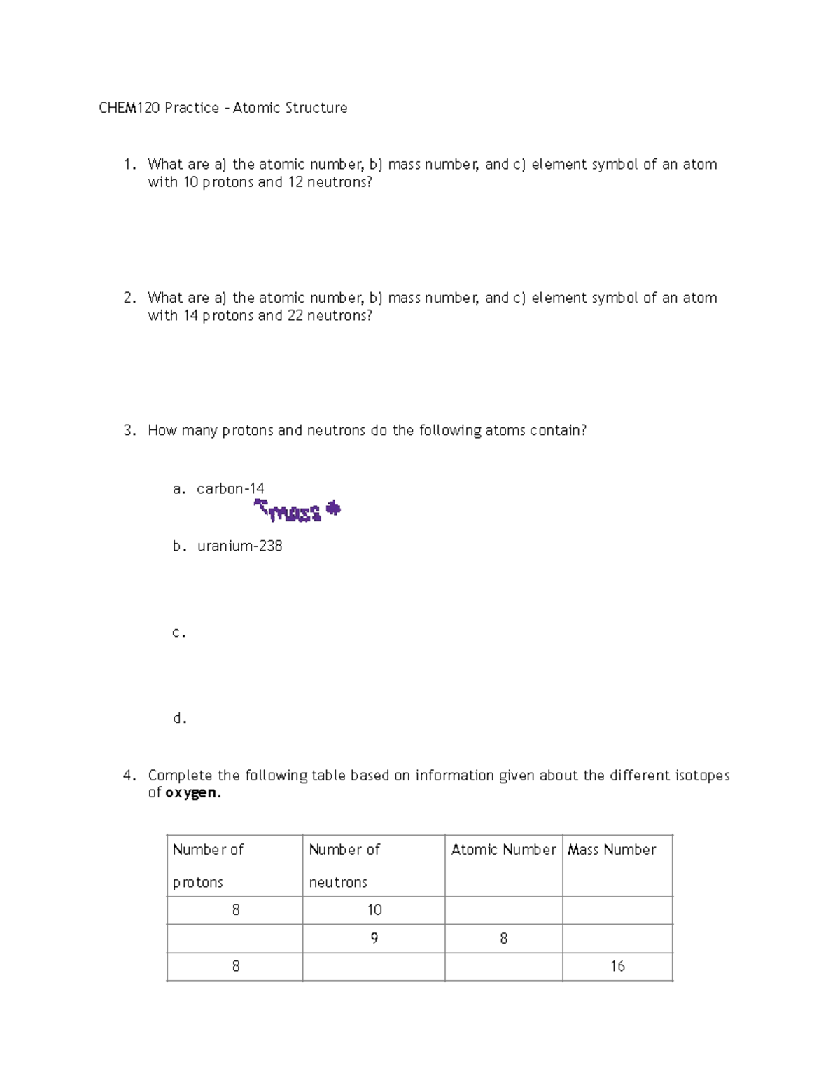 CHEM120 Practice - Week 1: Atomic Structure & Isotope Calculations ...