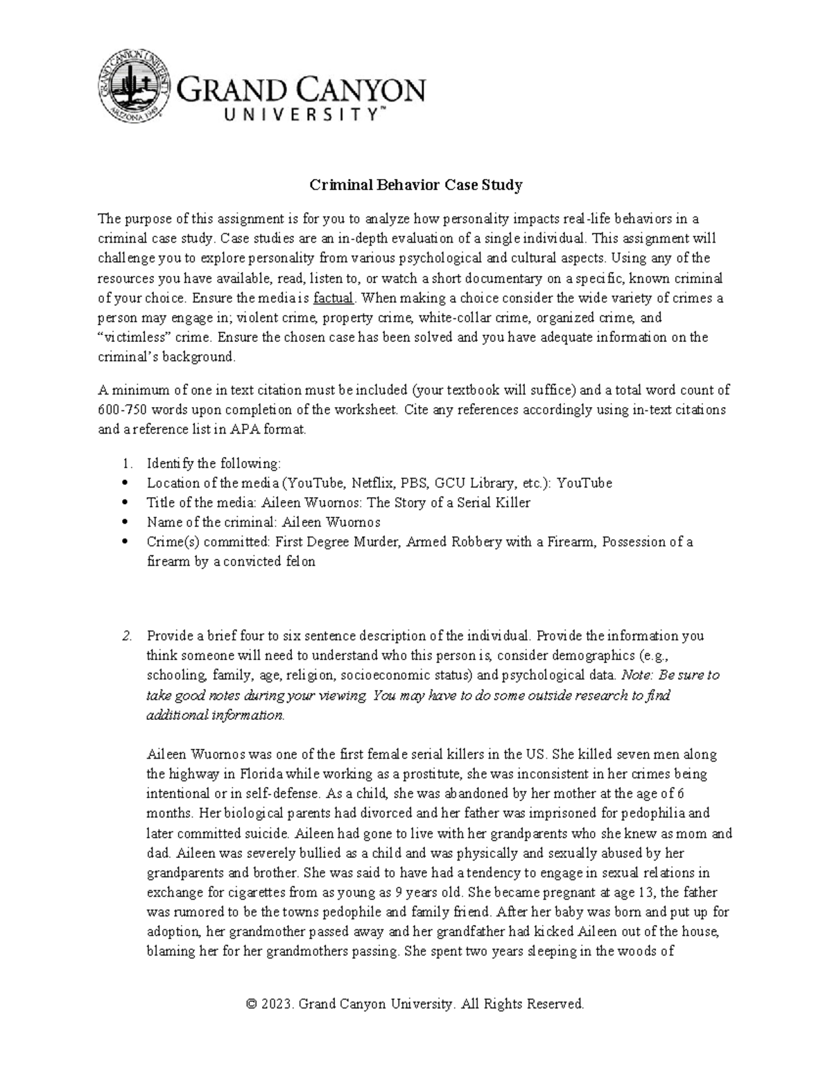 PSY-255-Criminal Behavior: Case Study on Aileen Wuornos - Studocu