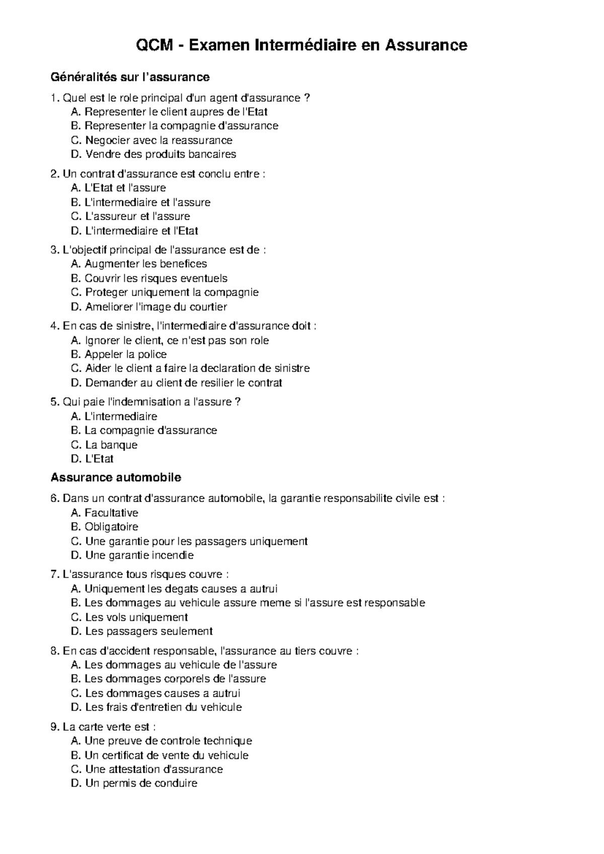 QCM Examen Intermédiaire en Assurance - 40 Questions (250516) - Studocu