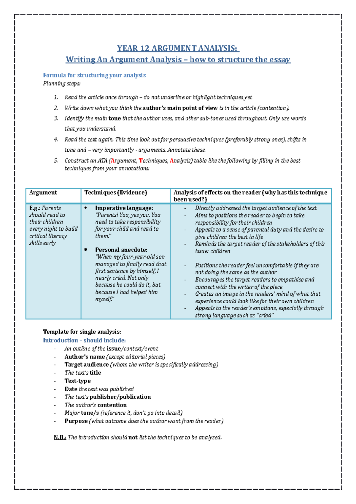 Yr 12 English U3O2 Argument Analysis Essay Writing Guide & Structure ...
