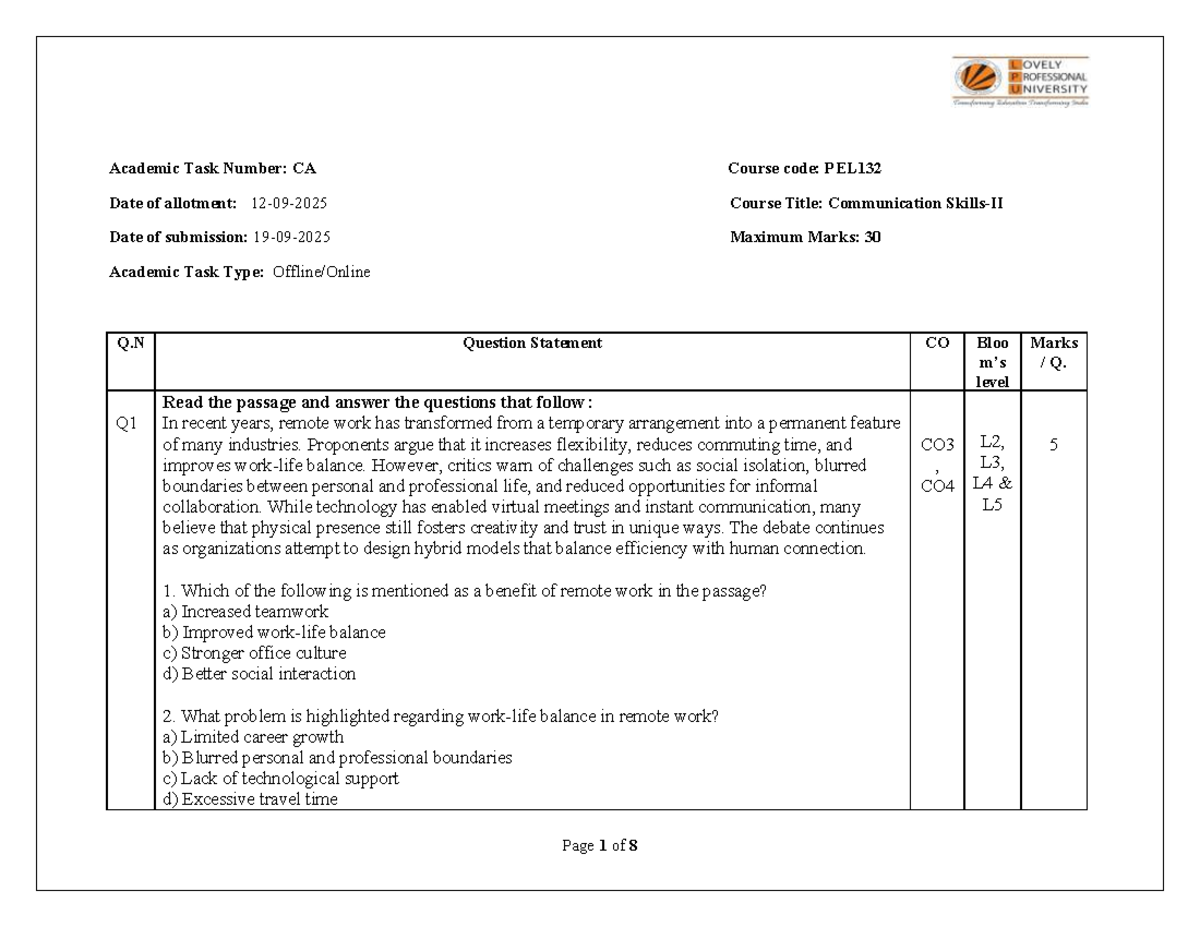 CA PEL132 Sample Paper: Communication Task & Questions - Studocu