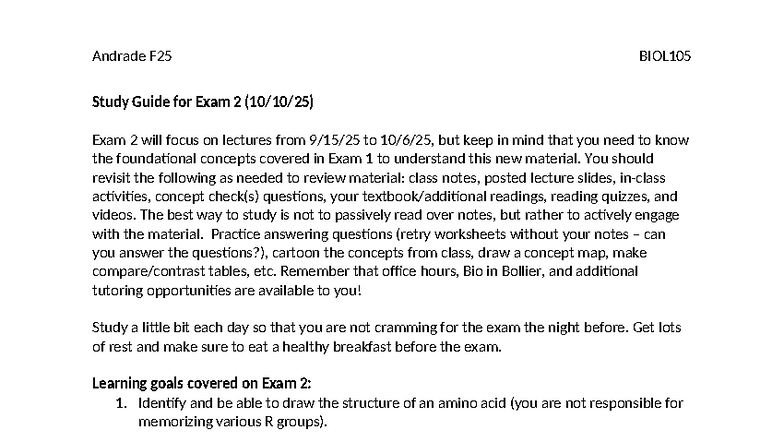 Andrade F25 BIOL105 Gene Regulation & Protein Synthesis Study Guide for ...
