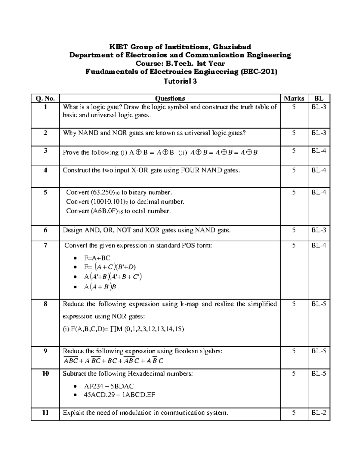 BEC-201 Unit 3 Practice Sheet: Fundamentals of Electronics Engineering ...