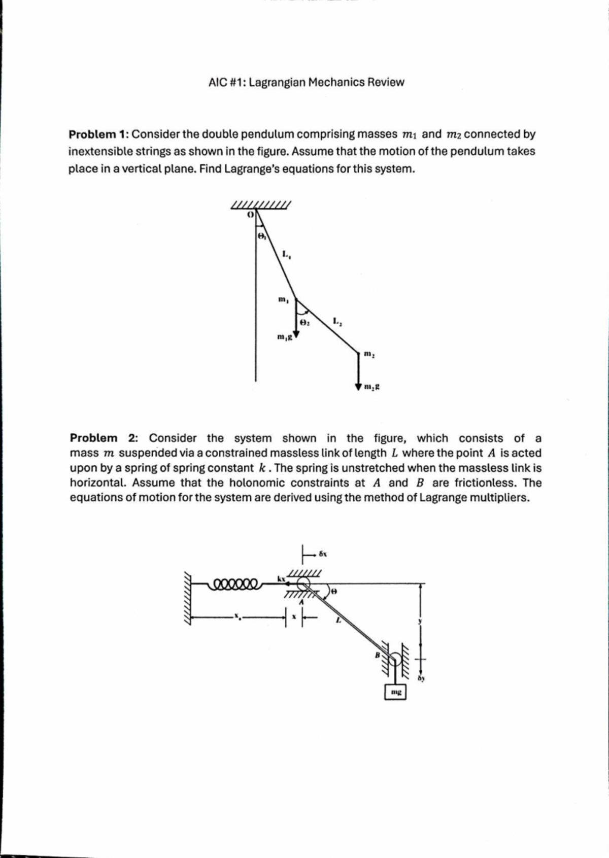 AIC Lagrangian Mechanics Review: Double Pendulum & Spring Systems - Studocu