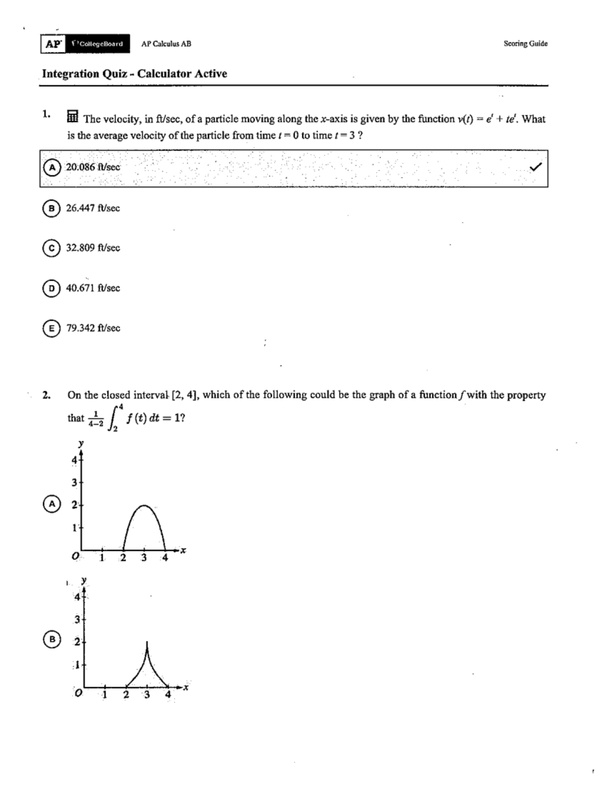 AP Calculus AB Integration Quiz Scoring Guide and Solutions - Studocu