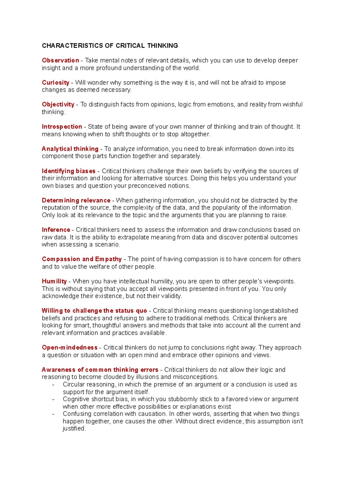 Characteristics of Critical Thinking: Key Insights and Skills - Studocu