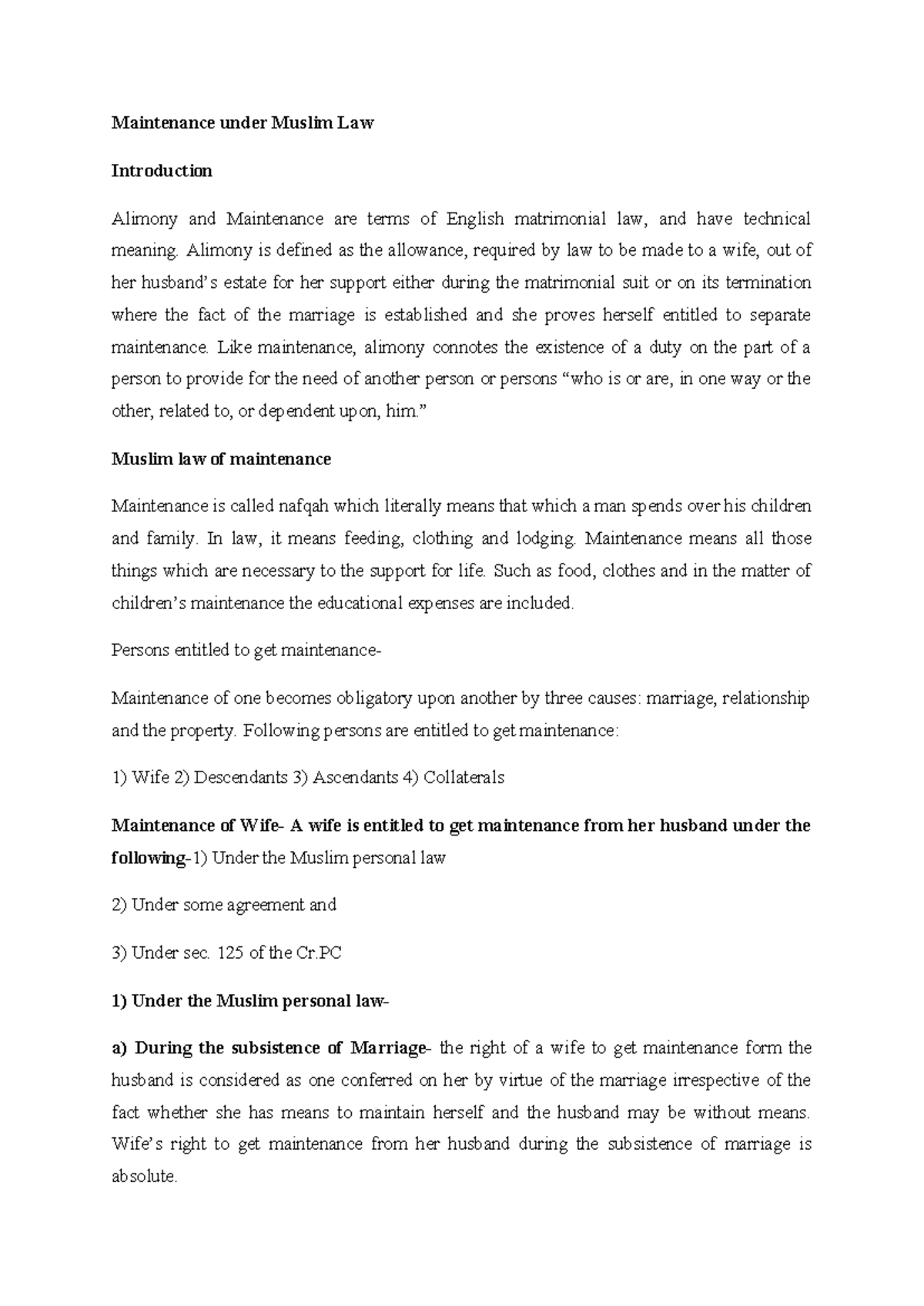 Maintenance under Muslim Law: Alimony and Rights Explained - Studocu