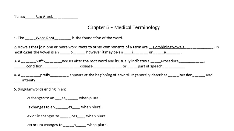 Chapter 5 Medical Terminology Worksheet - Completed Notes - Studocu