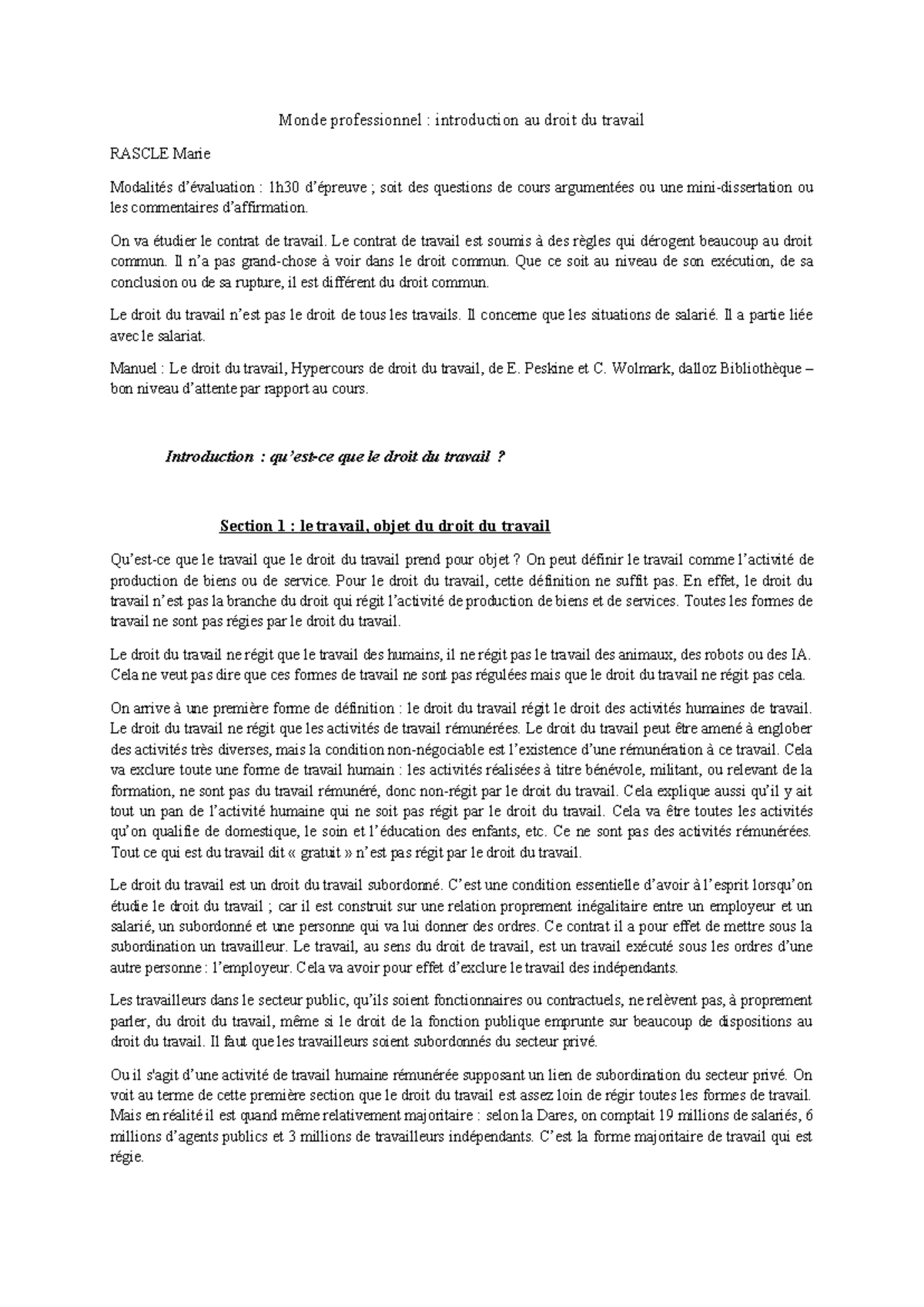 CM - Cours magistral sur le Droit du Travail en L2 - Studocu