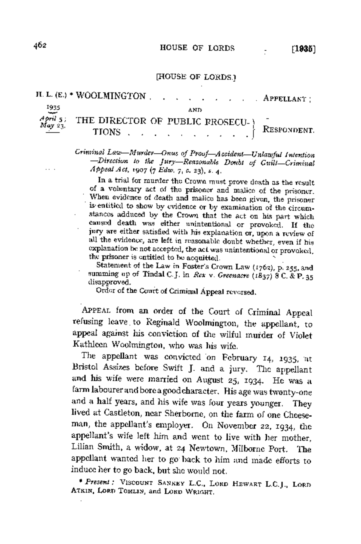 Woolmington v. DPP: Appeal on Wilful Murder Conviction (1935) - Studocu