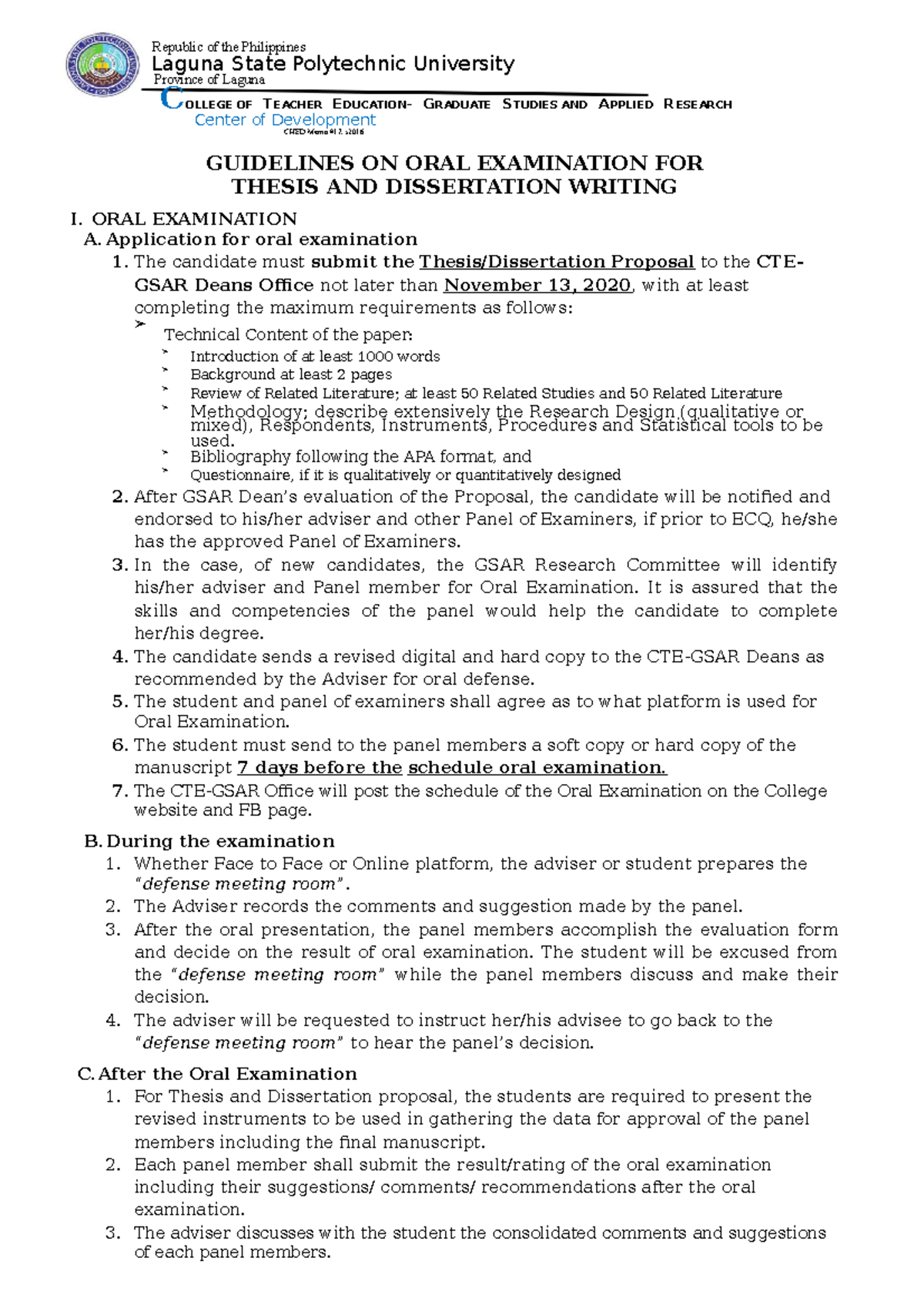 Guidelines for Oral Examination in Thesis & Dissertation Writing 2020 - Studocu