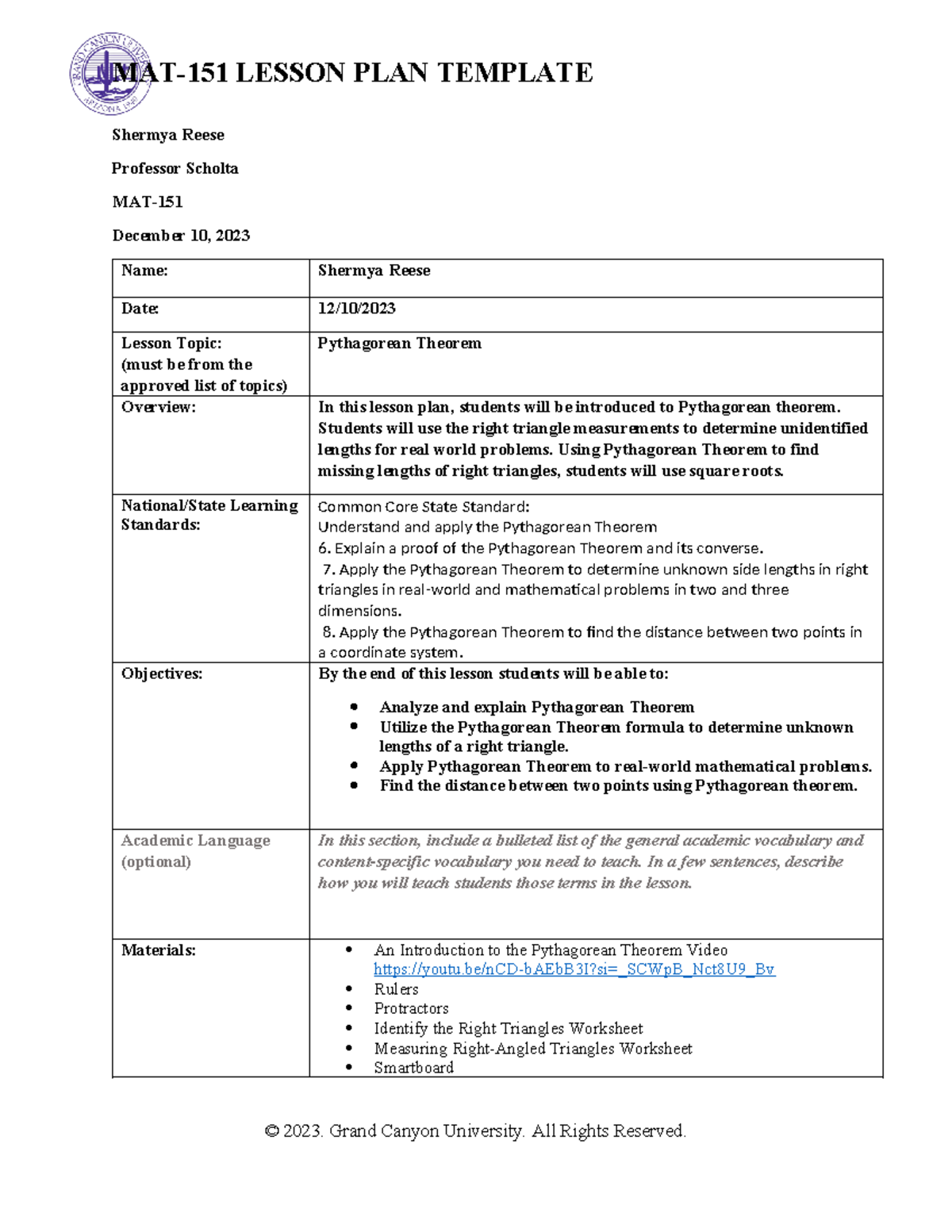 MAT-151 Lesson Plan on Pythagorean Theorem Overview - Studocu