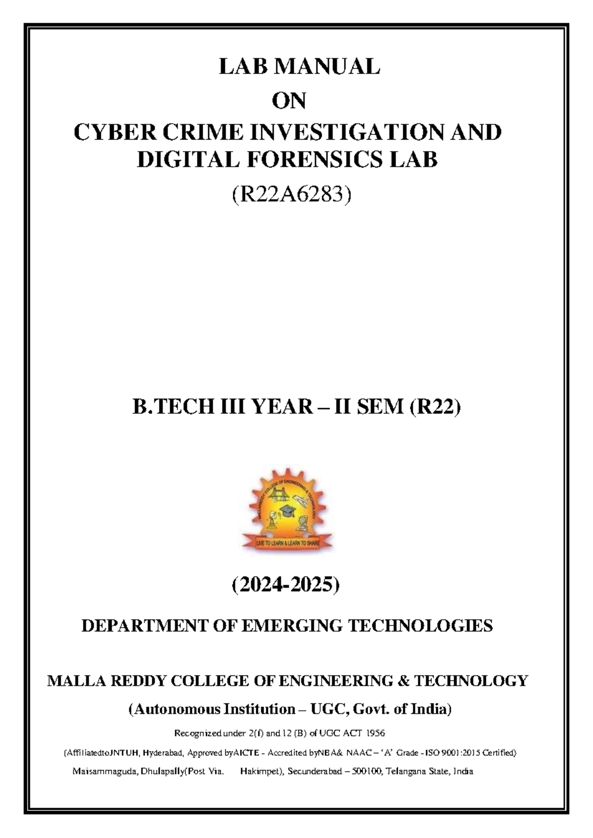 R22A6283 Cyber Crime Investigation & Digital Forensics Lab Manual - Studocu