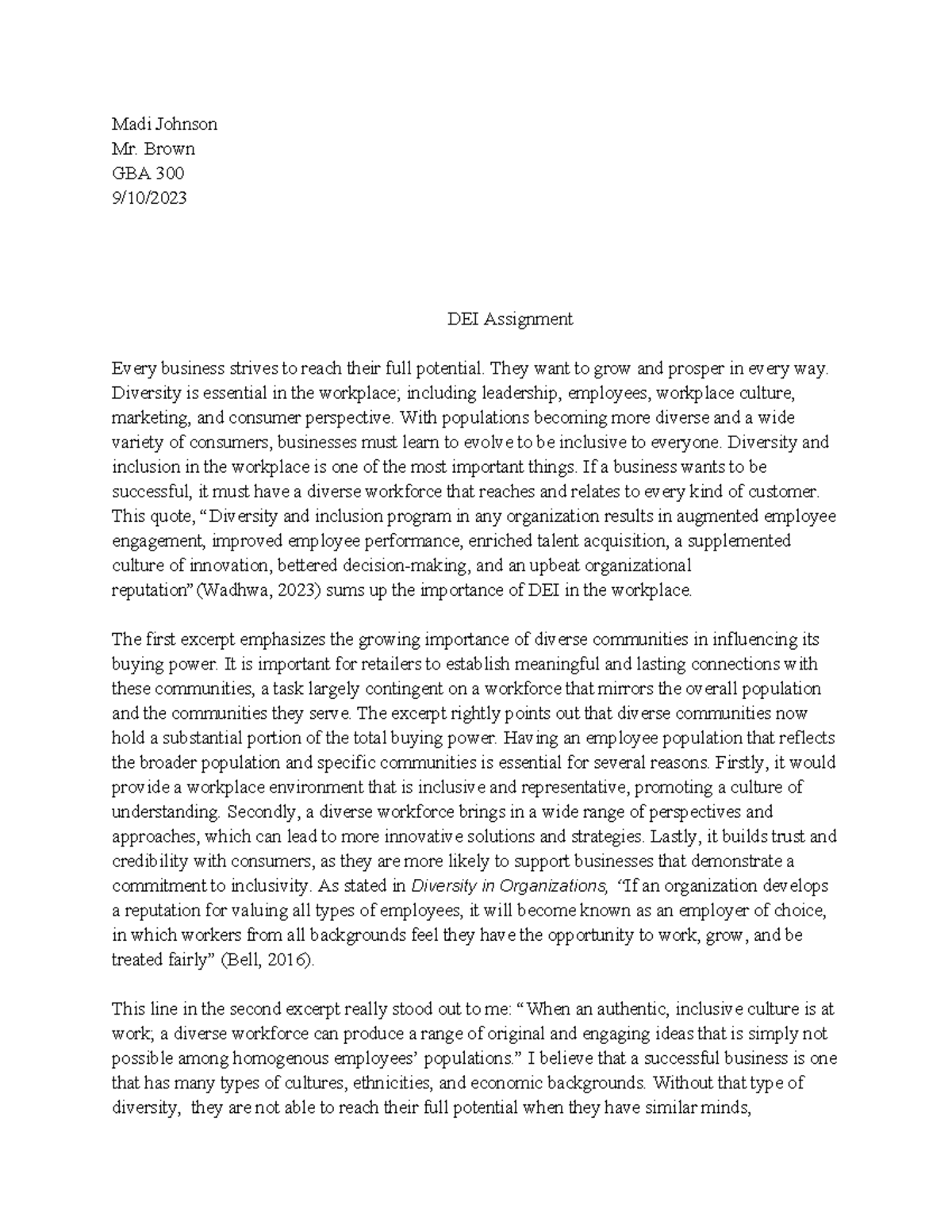 GBA 300 DEI Assignment: Importance of Diversity in the Workplace - Studocu