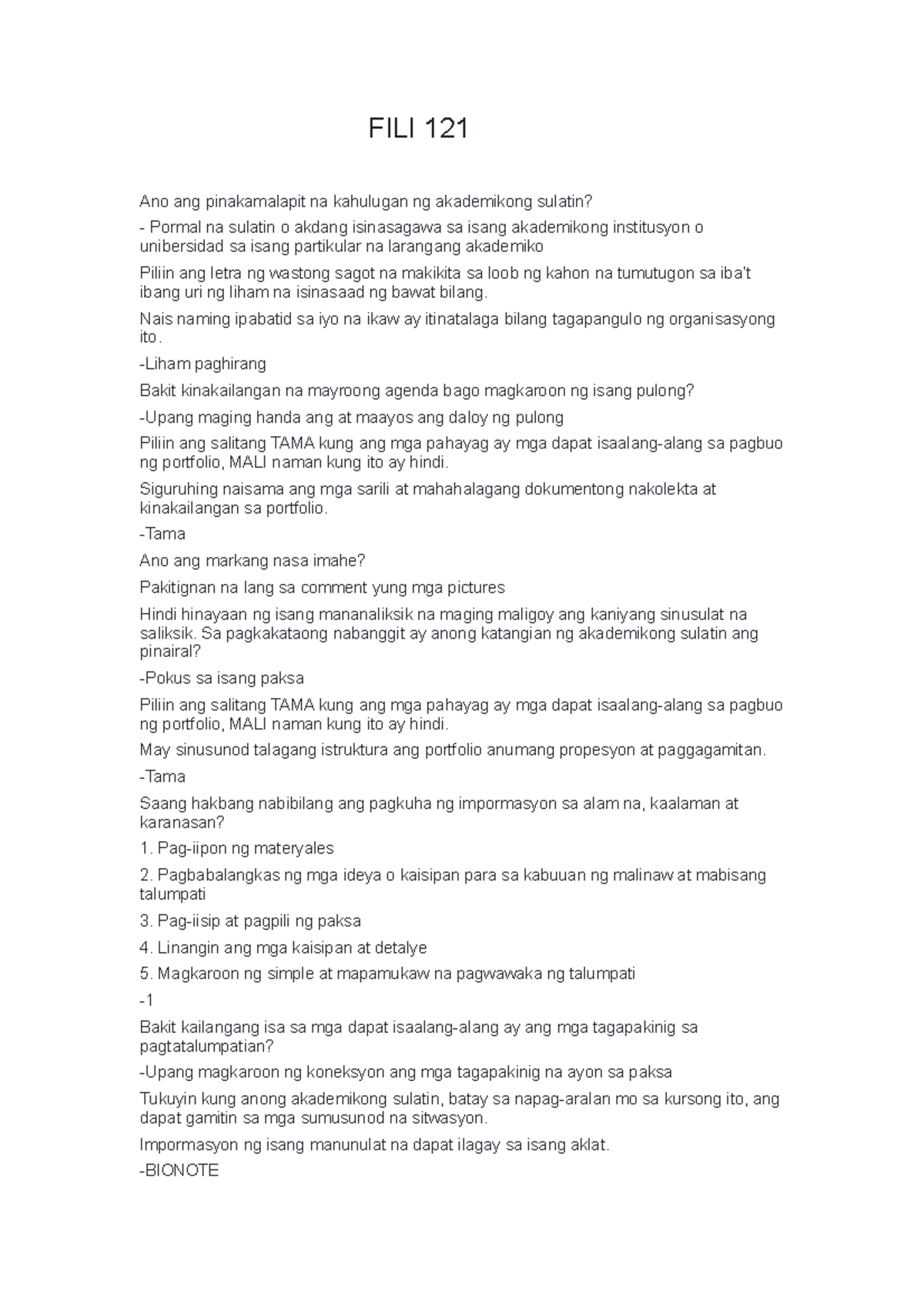 FILI 121 1st Semester - Kahalagahan ng Akademikong Sulatin - Studocu