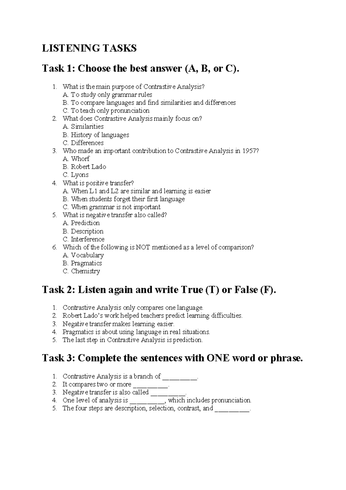 UNIT 1: Listening Tasks on Contrastive Linguistics - Studocu