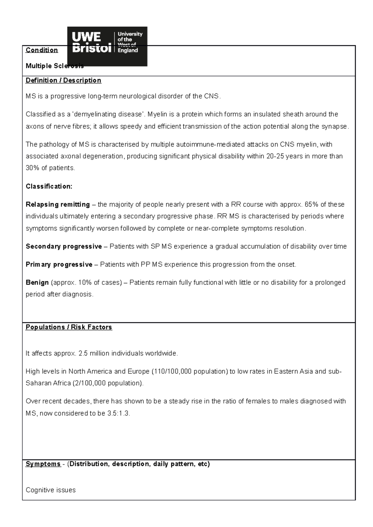 Multiple Sclerosis Clinical Pattern Sheet - Condition Multiple ...