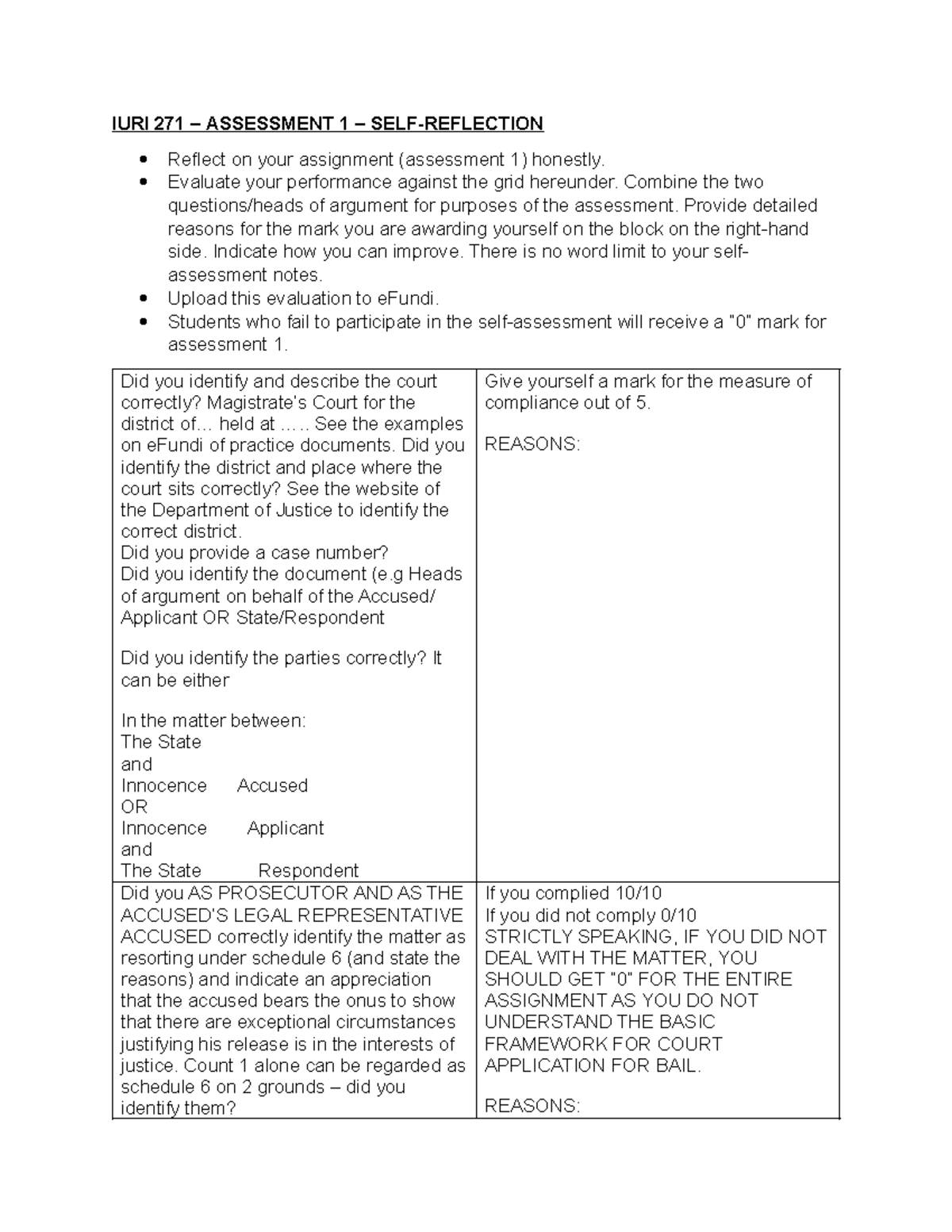 IURI 271 – Assessment 1 Self-Reflection & Performance Evaluation - Studocu
