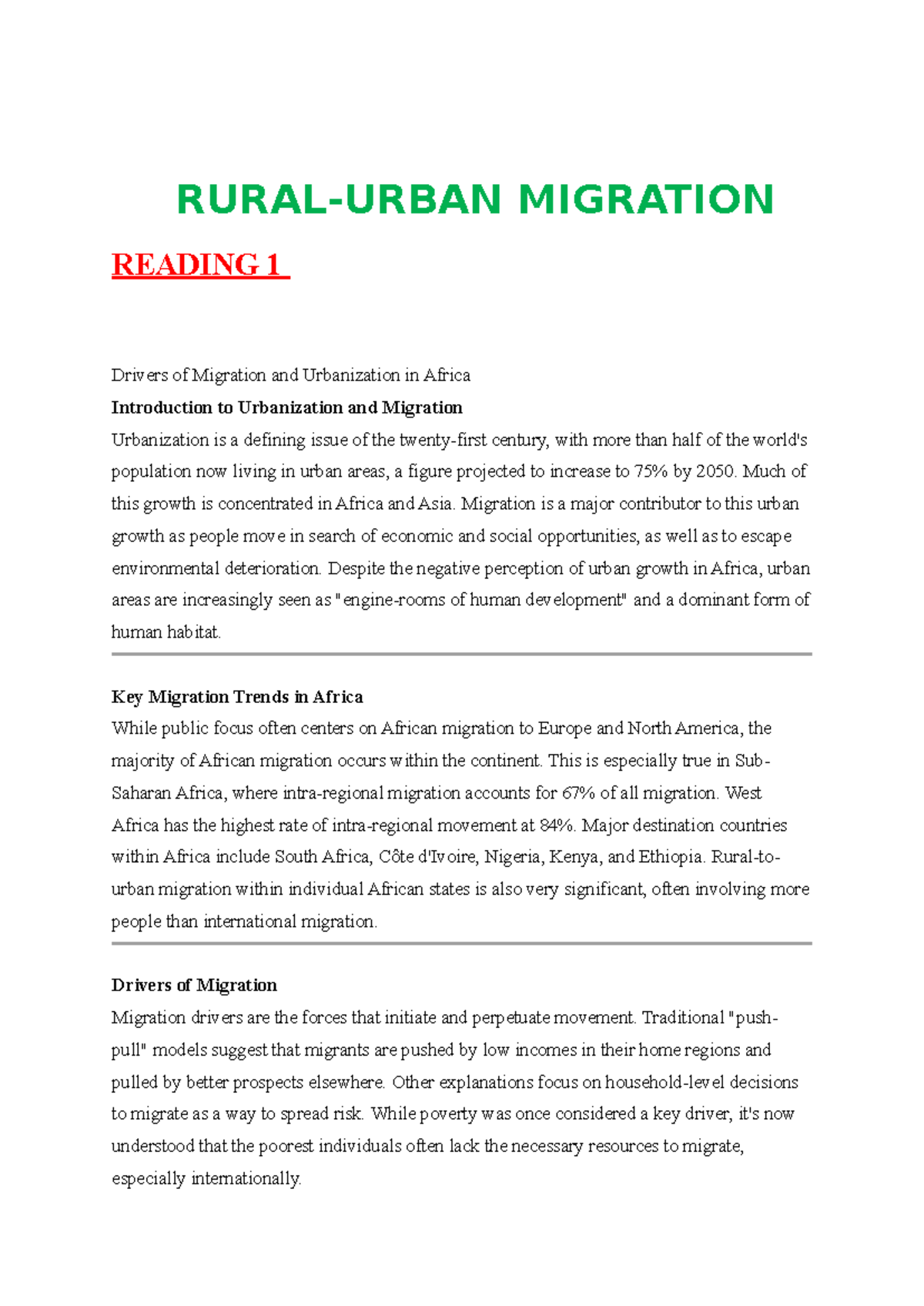 MIGRATION READING 1: Drivers of Migration & Urbanization in Africa ...