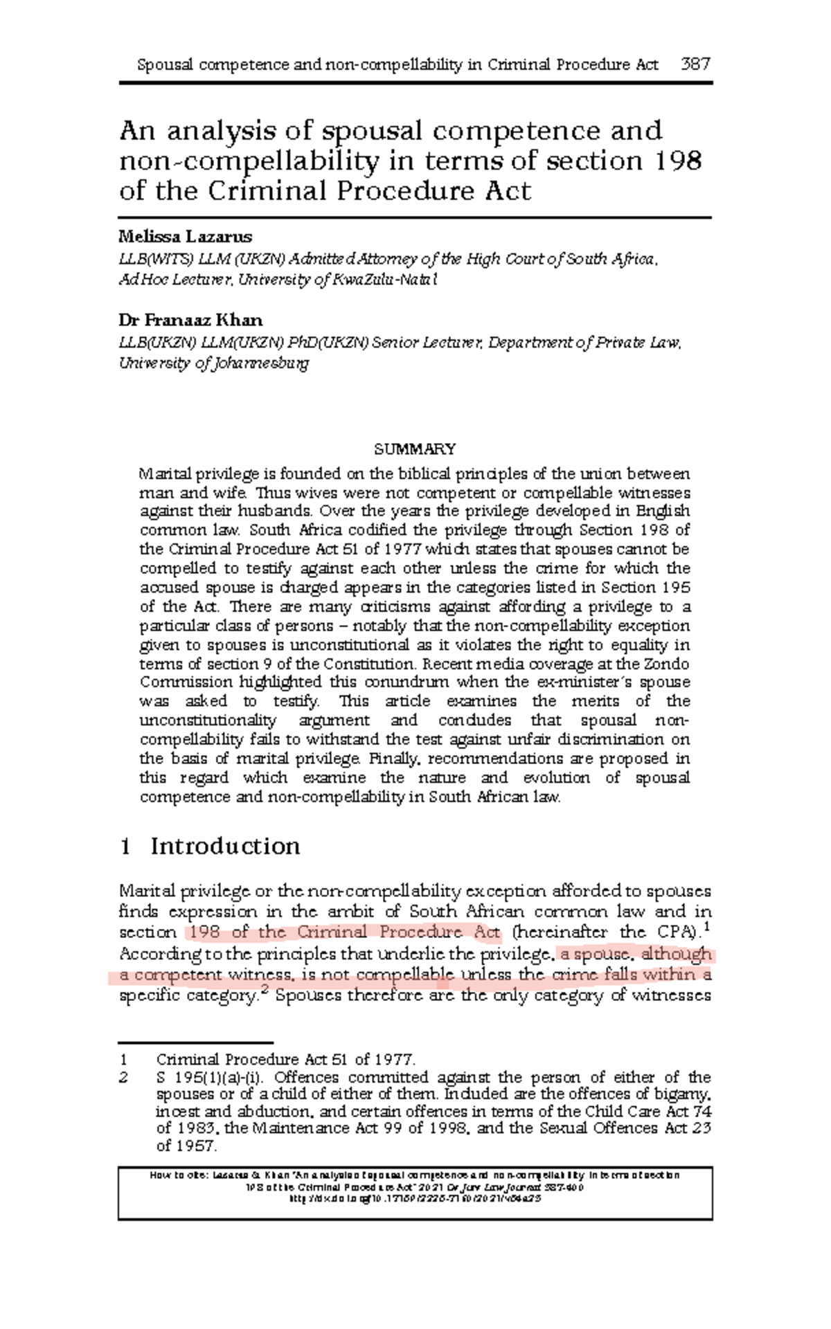 Analysis of Spousal Competence under Section 198 of CPA 51/1977 - Studocu
