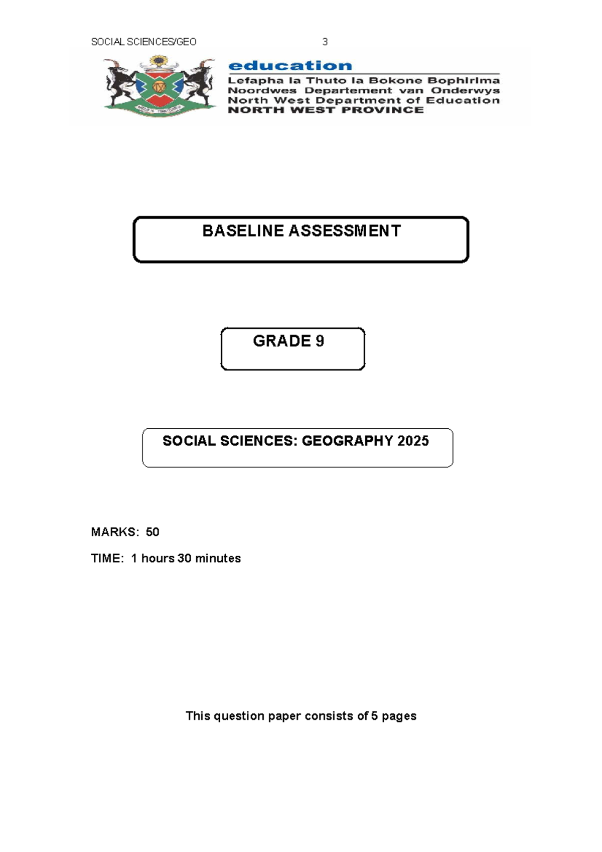 2025 GEO GR 9 Baseline Assessment: Social Sciences Test - Studocu