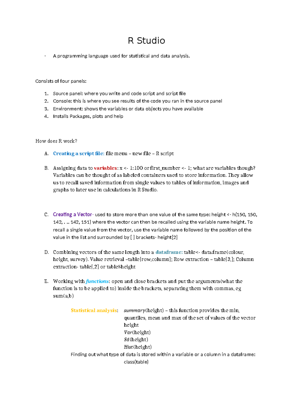 R Studio Notes: A Guide to Statistical Programming and Analysis - Studocu