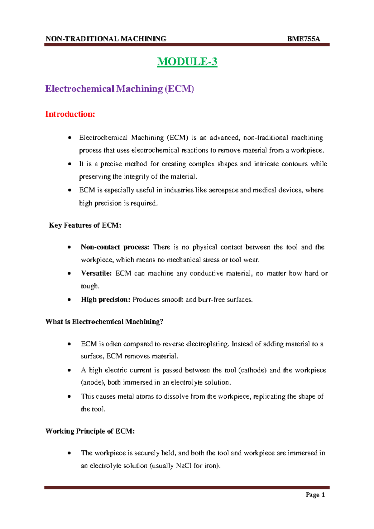 Electrochemical Machining (ECM) Overview - BME755A Lecture Notes - Studocu