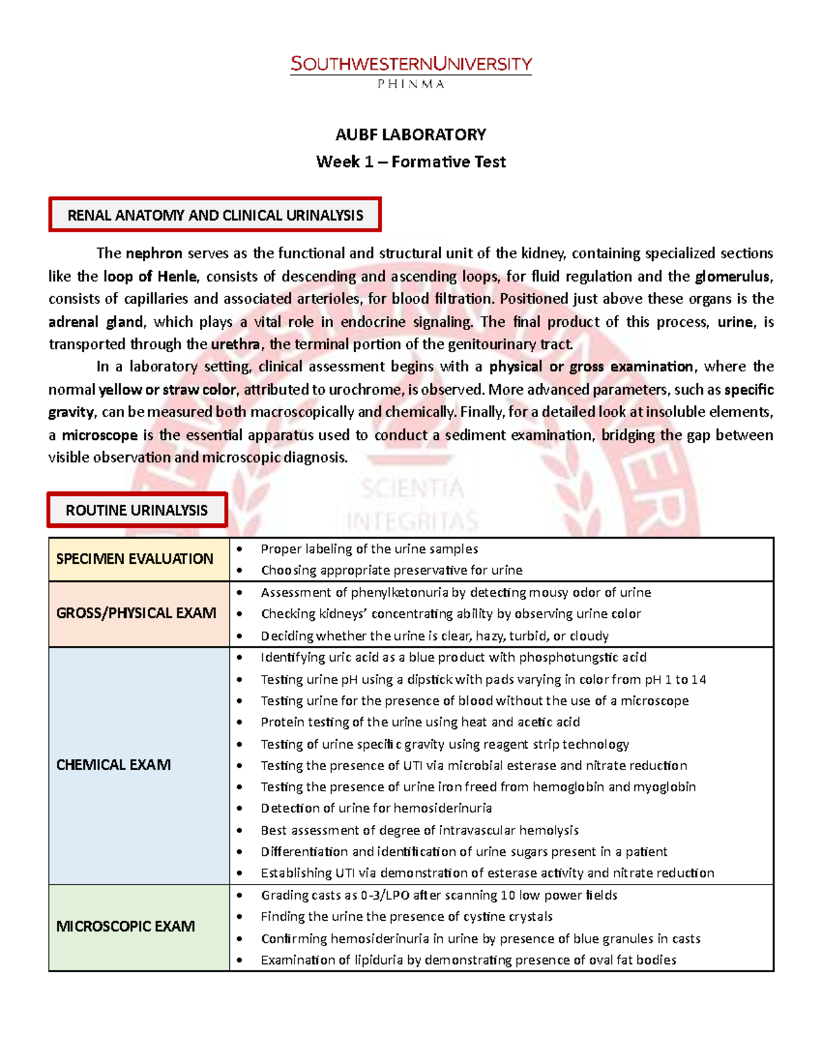 AUBF Laboratory Week 1: Formative Test on Renal Anatomy & Urinalysis ...
