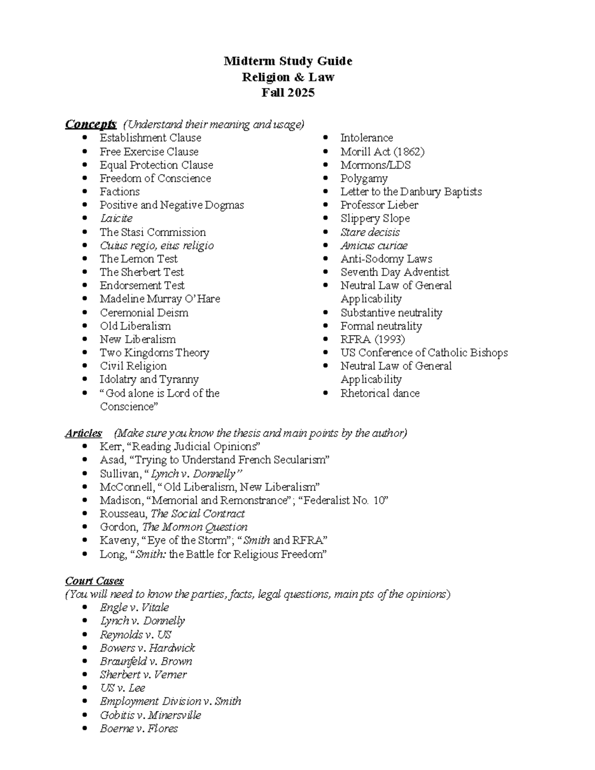 Midterm Study Guide: Key Concepts in Religion & Law (Fall 2025) - Studocu
