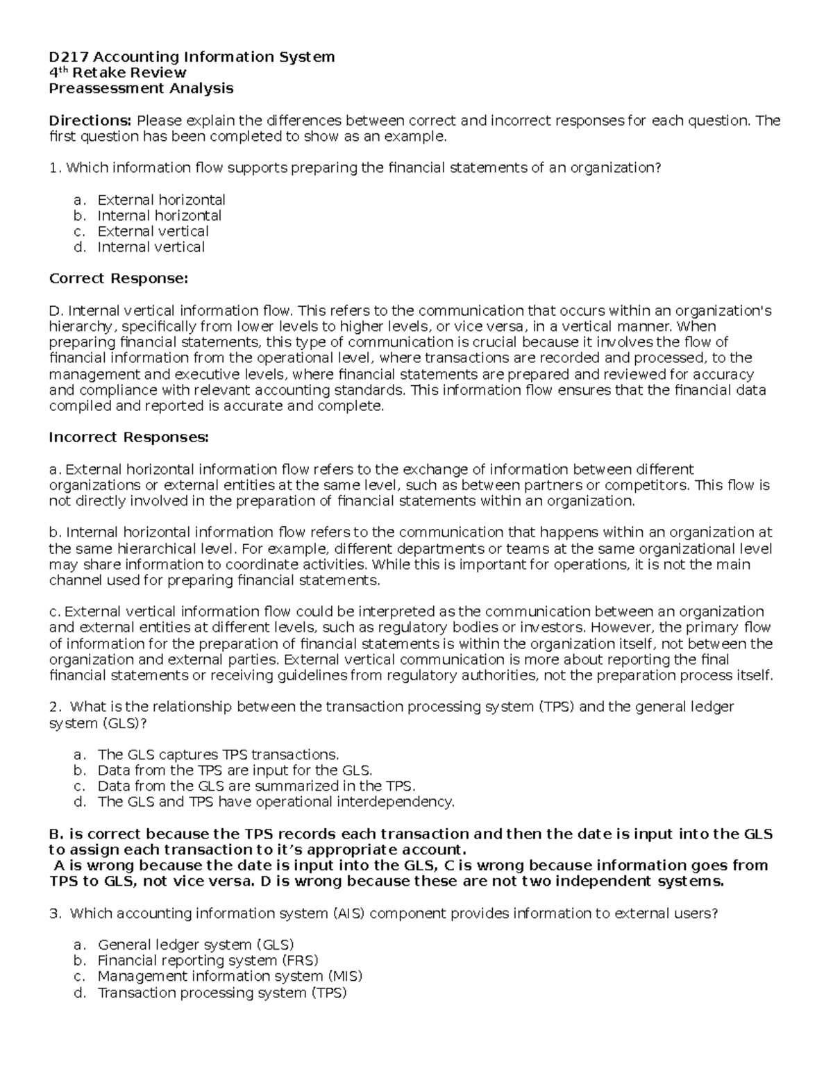 D217 Accounting Information System 4th Retake Review Guide - Studocu