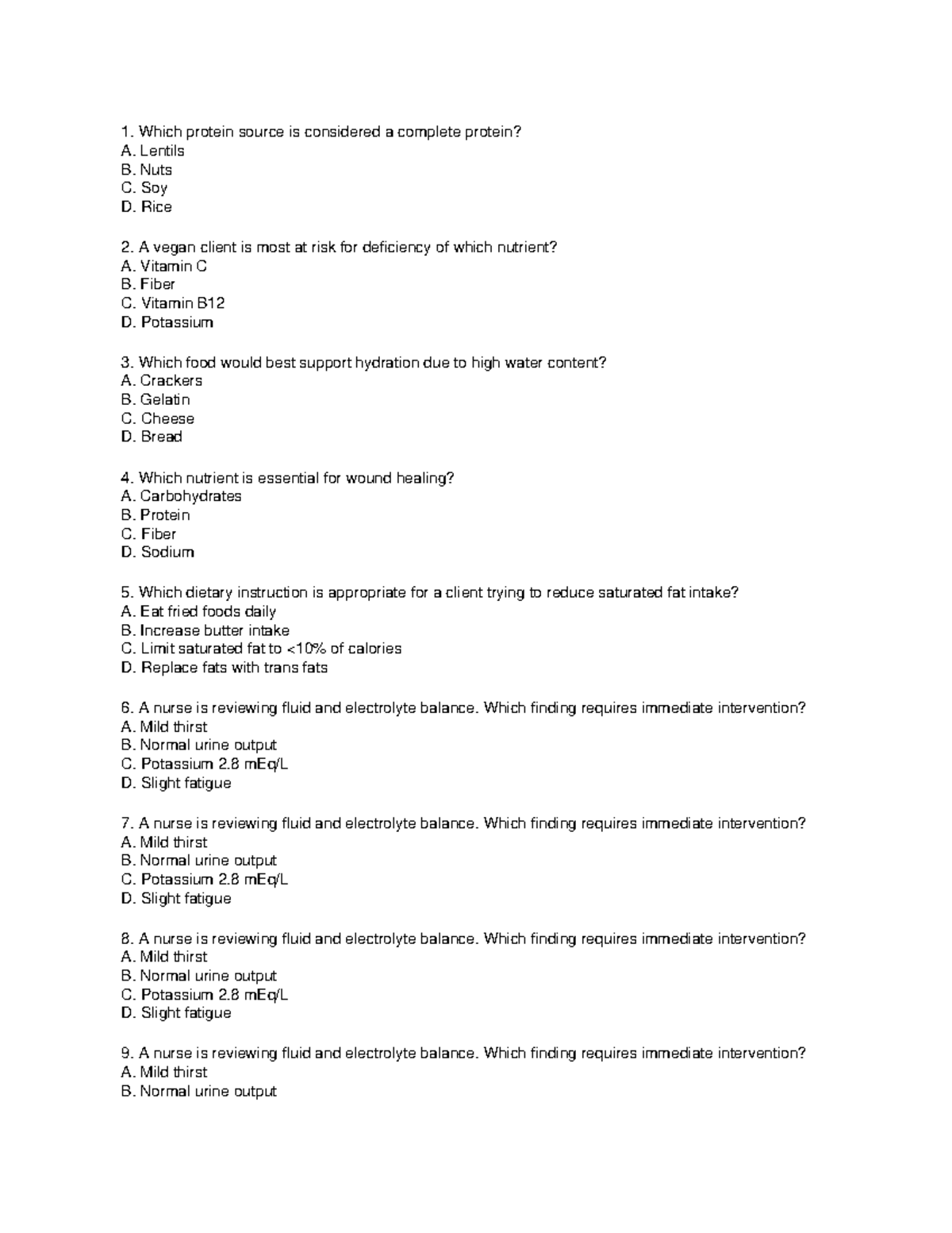 Nutrition Fluid & Electrolytes: 50 Quiz Questions for Review - Studocu
