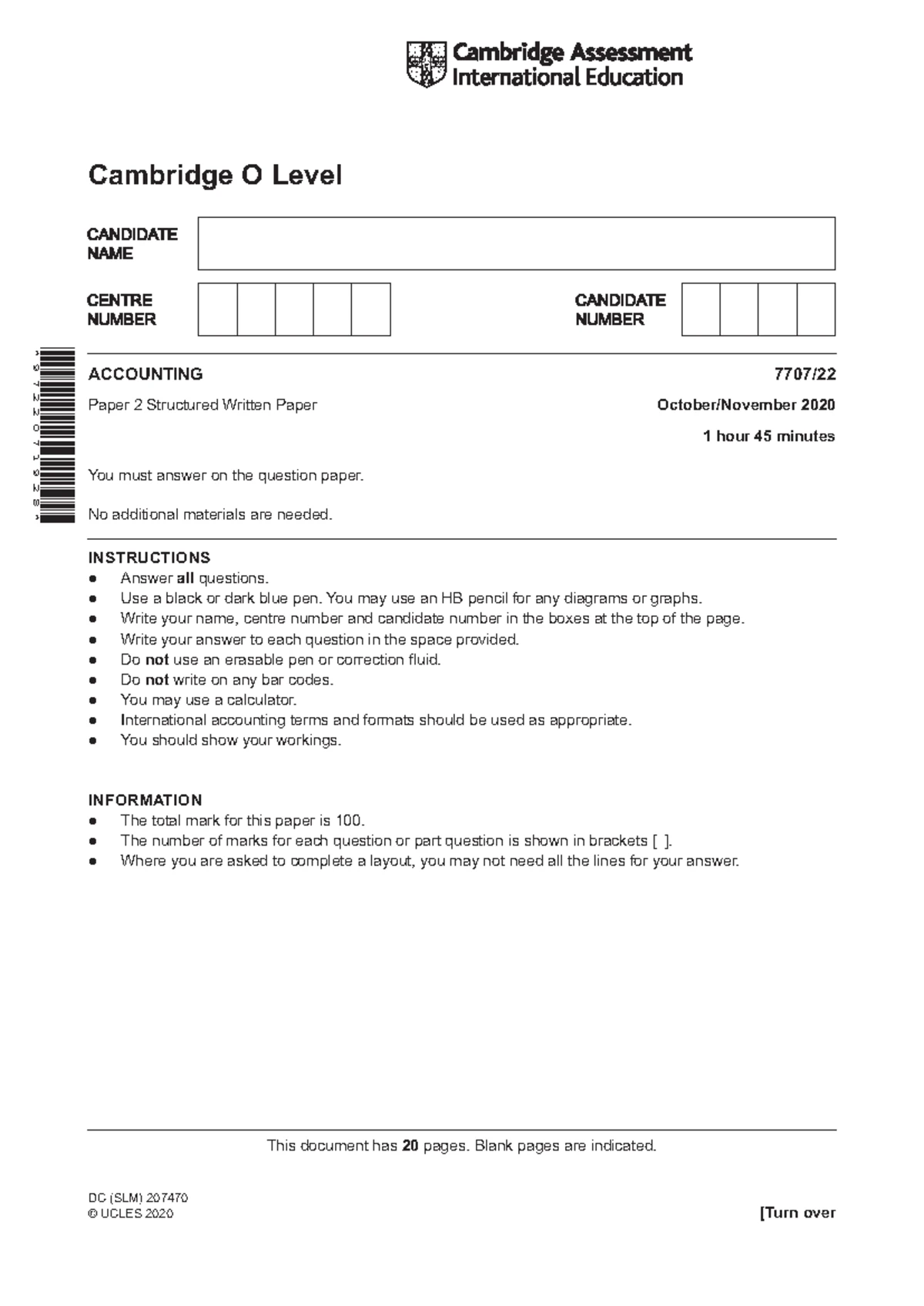 Cambridge O Level Accounting 7707/22 - Mark Scheme Analysis 2020 - Studocu