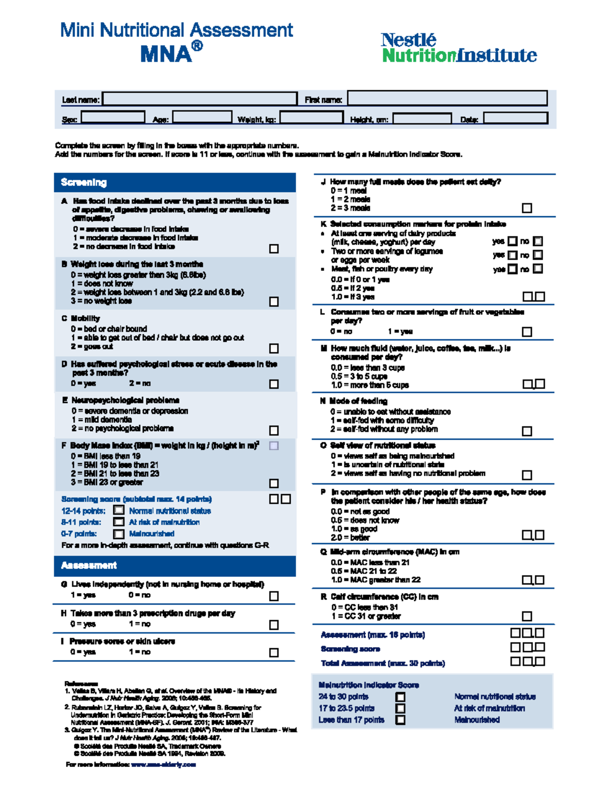 MNA - Mini Nutritional Assessment Guide for Nutrition Screening - Studocu