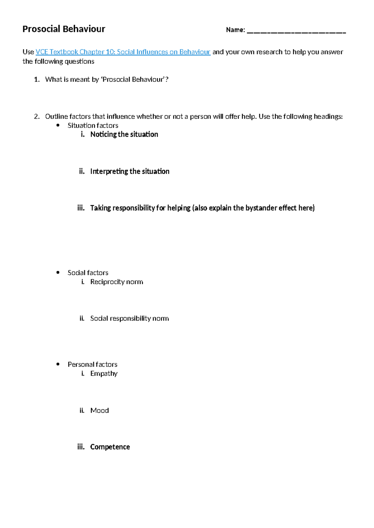 Prosocial Behaviour worksheet - Prosocial Behaviour Name ...