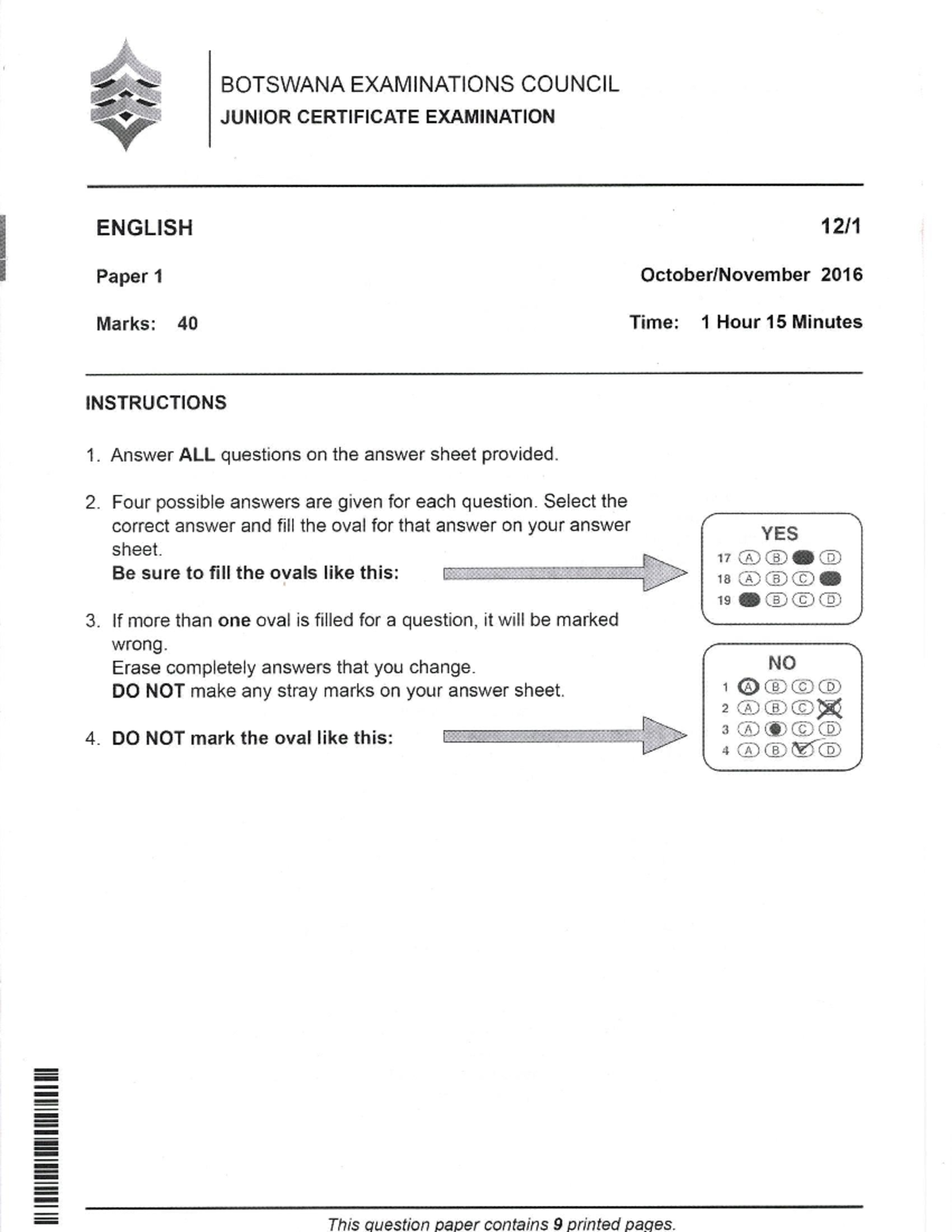 English PP1 - 2016 Question Paper with Detailed Instructions and ...