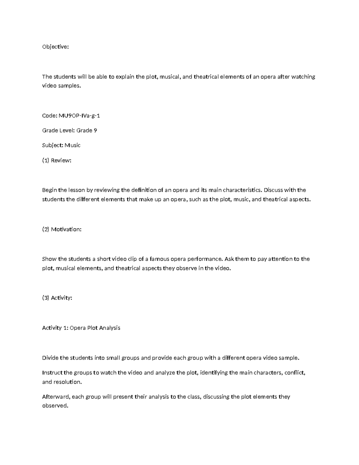 MU9OP-IVa-g - Exploring Opera: Plot, Music & Theatrical Elements Week 1 ...