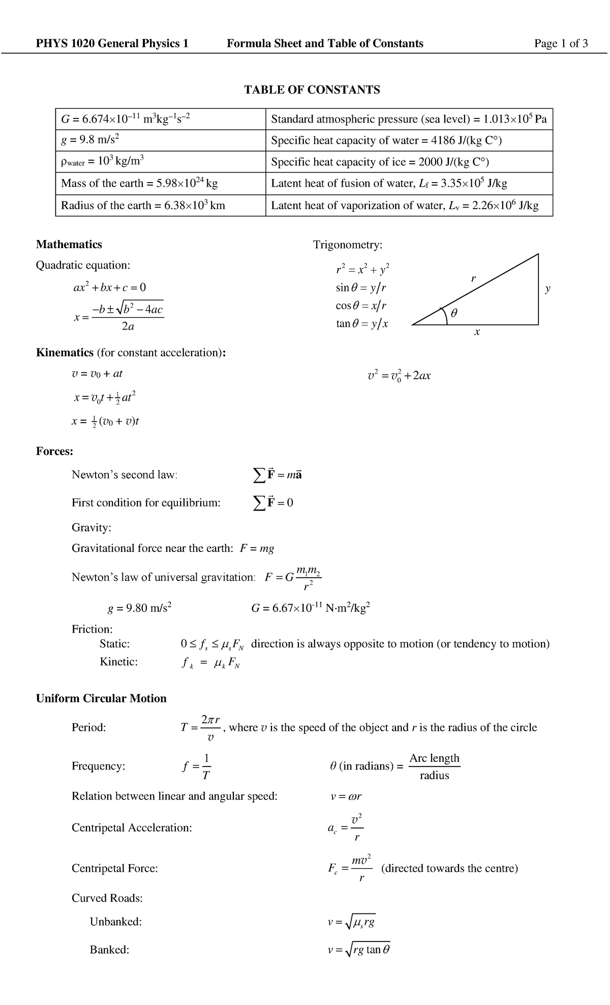 Formula sheet AND constants - PHYS 1020 General Physics 1 Formula Sheet and Table of Constants ...
