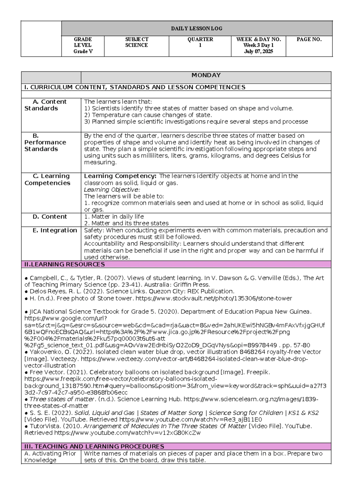 Science Grade V Q1 Lesson Log: States of Matter (Week 3, Day 3) - Studocu