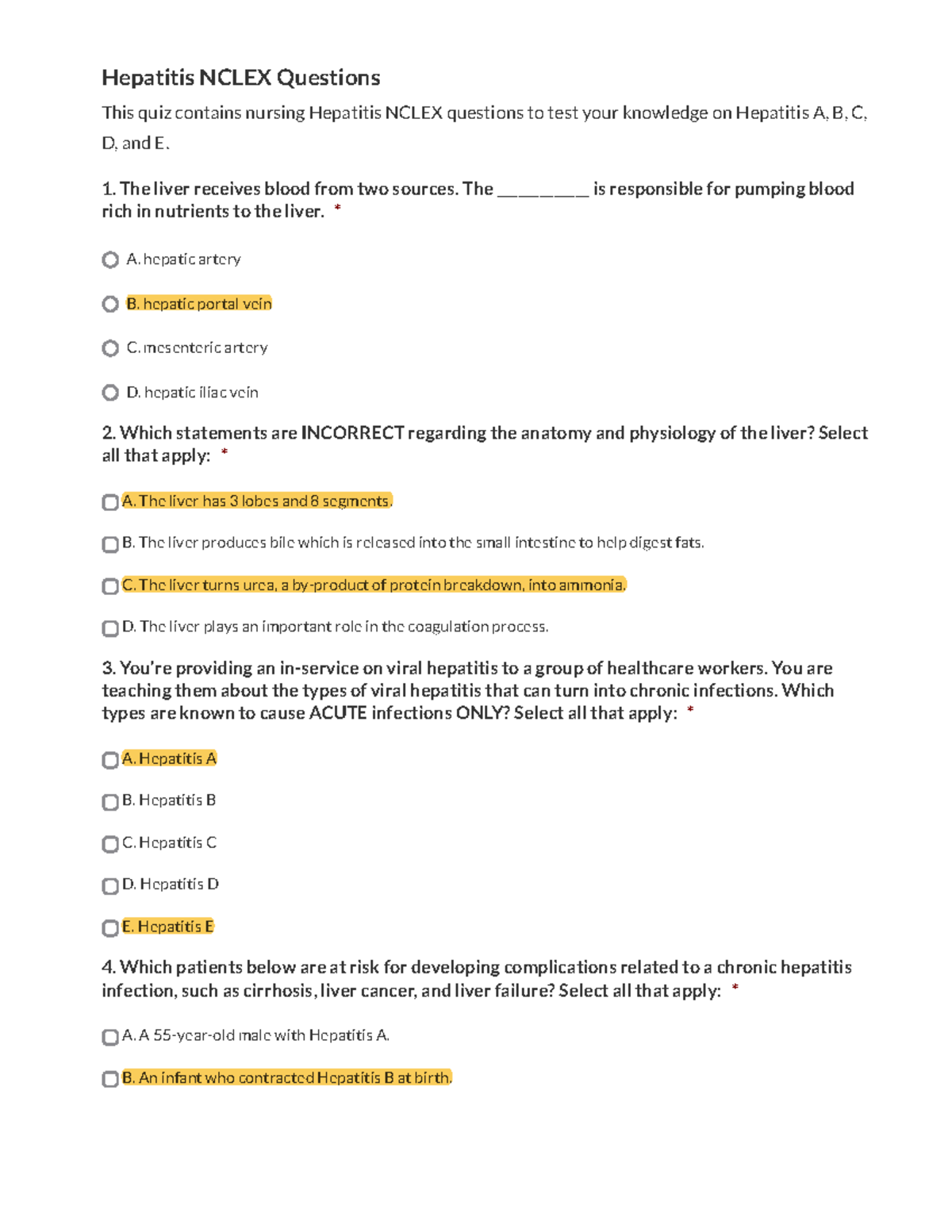 Hepatitis NCLEX Quiz: Nursing Questions on Types A, B, C, D, E - Studocu