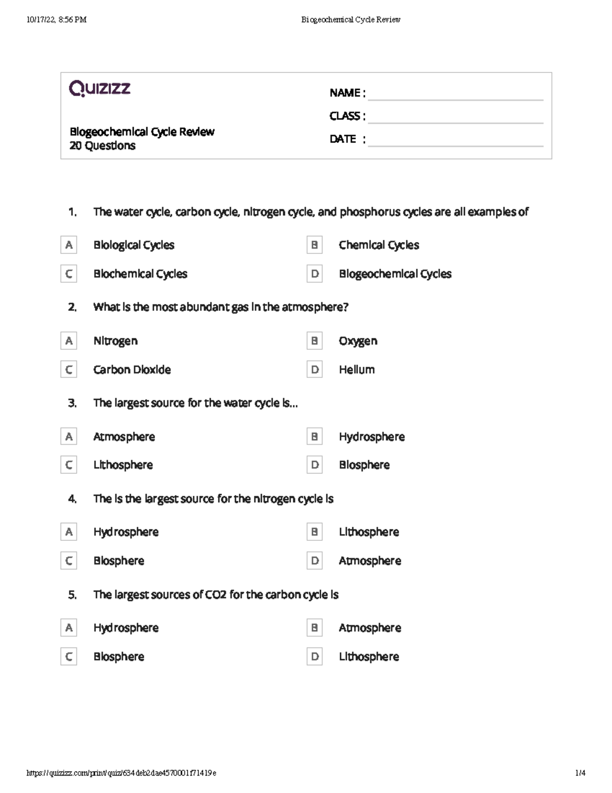 Biogeochemical Cycle Review Quiz 1: 20 Key Questions and Answers - Studocu