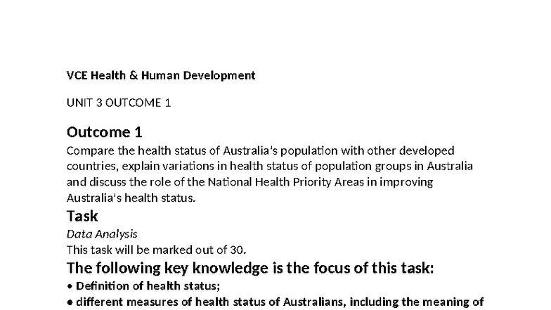 VCE Health & Human Development Unit 3 Outcome 1A Preparation Guide ...