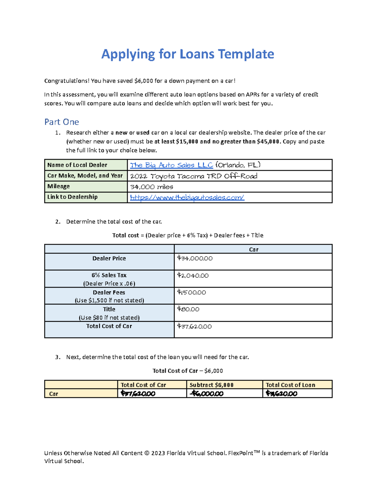 Auto Loan Comparison Template for FLVS 3.02 Assignment - Studocu