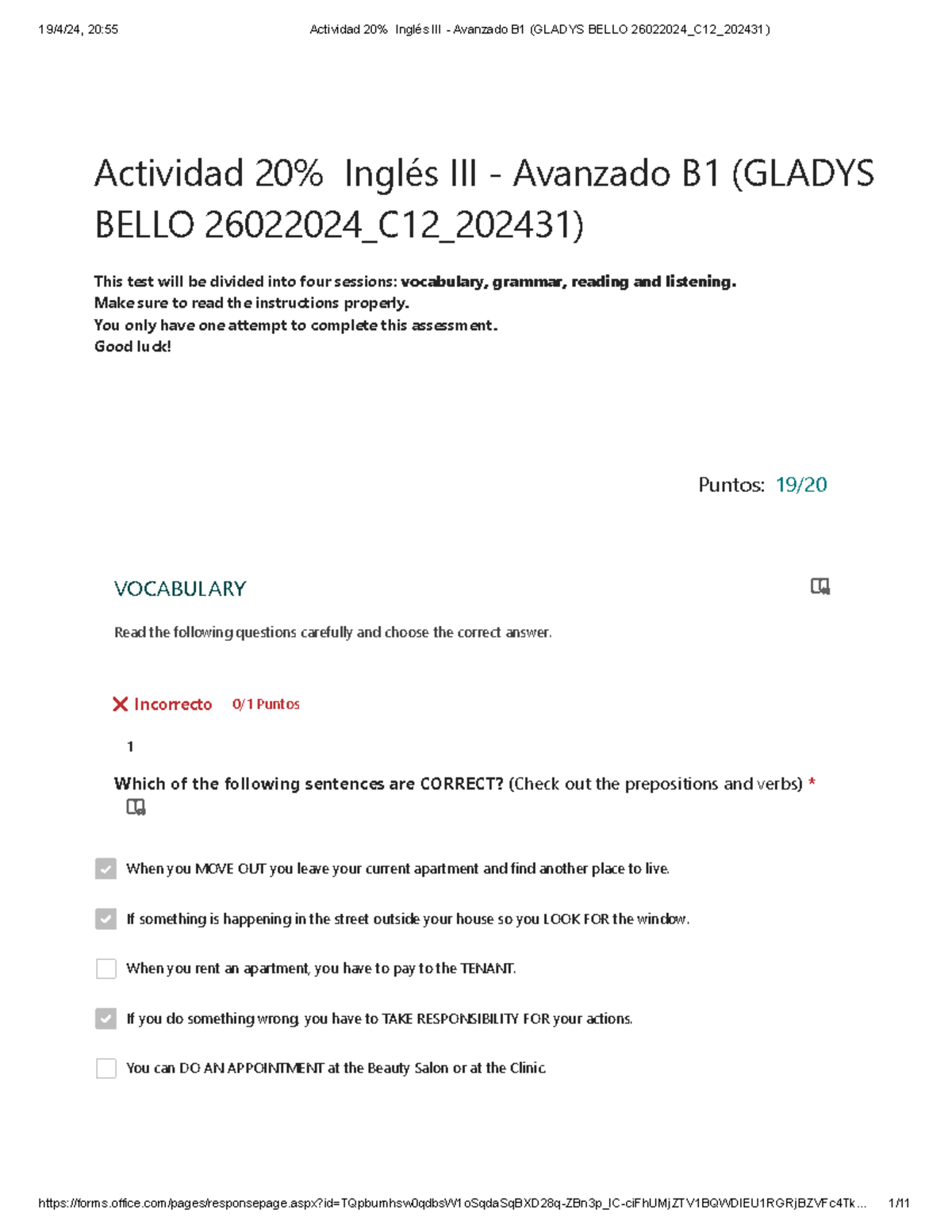 Actividad 20% Inglés III - Avanzado B1 (C12 - Gladys Bello 202431) - Studocu