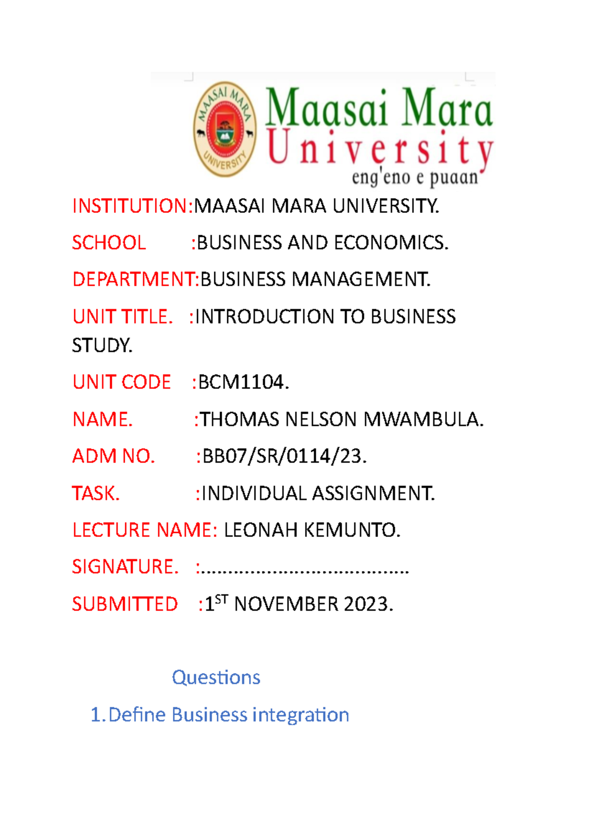 BCM1104 Individual Assignment: Business Integration Analysis - Studocu