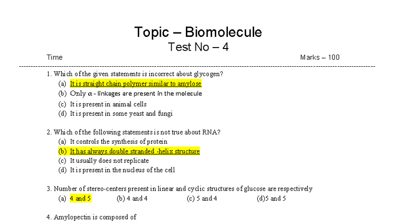 Biomolecule Test No 4 - Answer Key for JEE Mains - Studocu