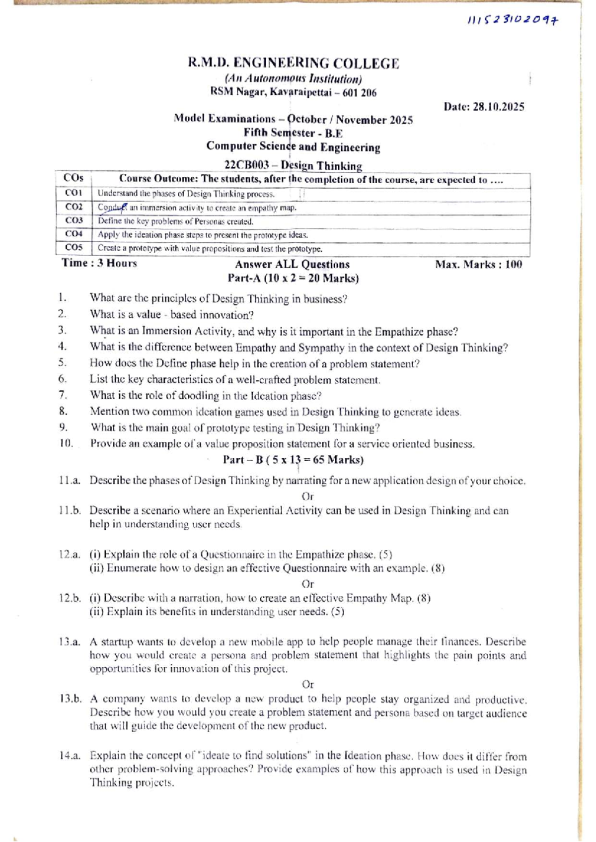 22CB003 Design Thinking Model Exam Questions & Course Outcomes - Studocu