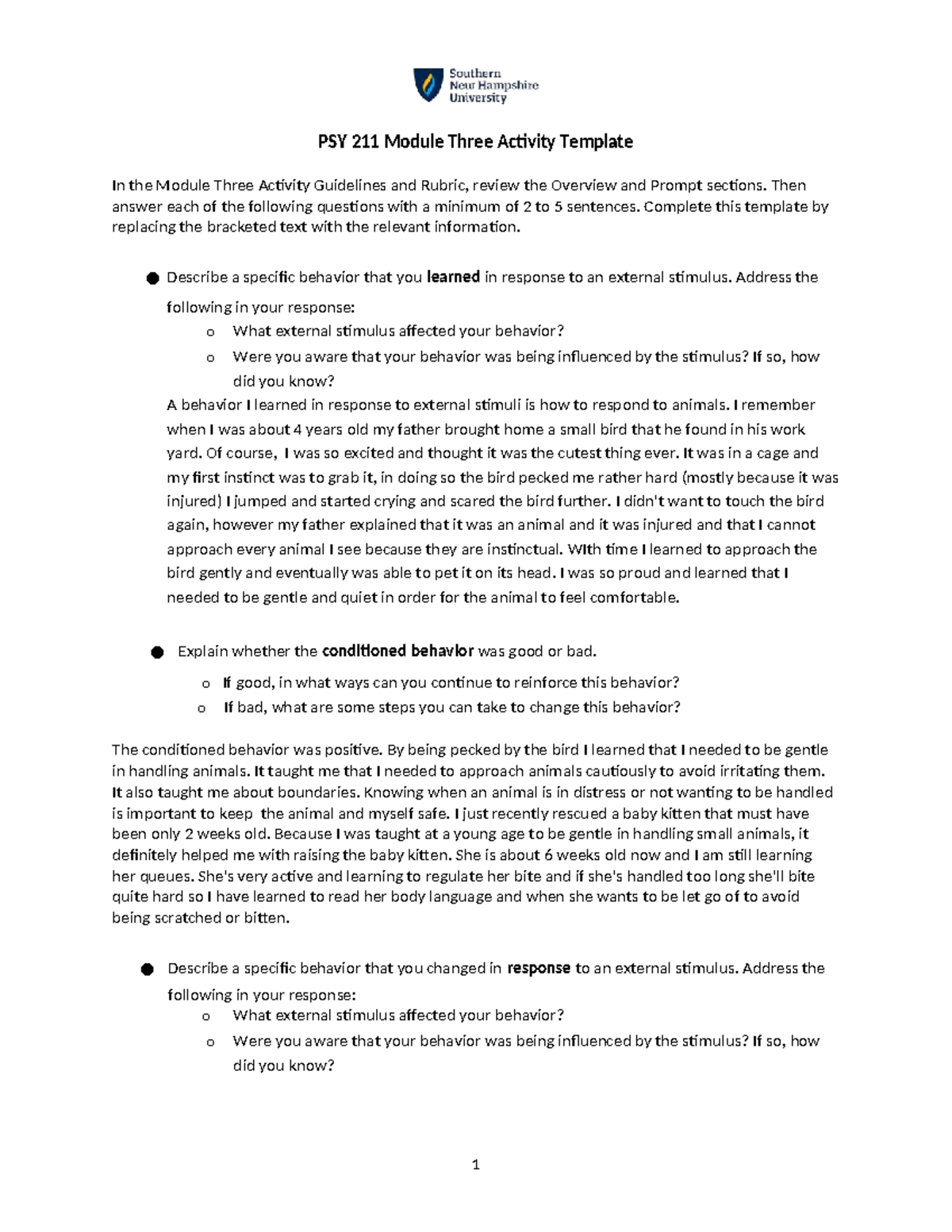 PSY 211 Module Three Activity: Understanding Behavior Responses - Studocu