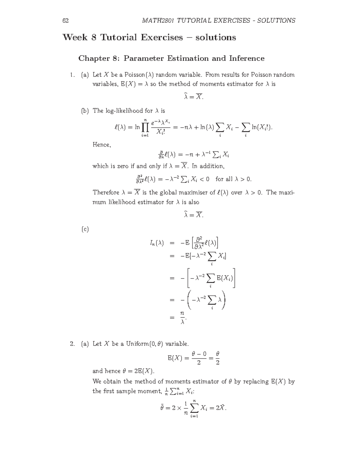 Week8 tutorial solutions - 62 MATH2801 TUTORIAL EXERCISES – SOLUTIONS ...