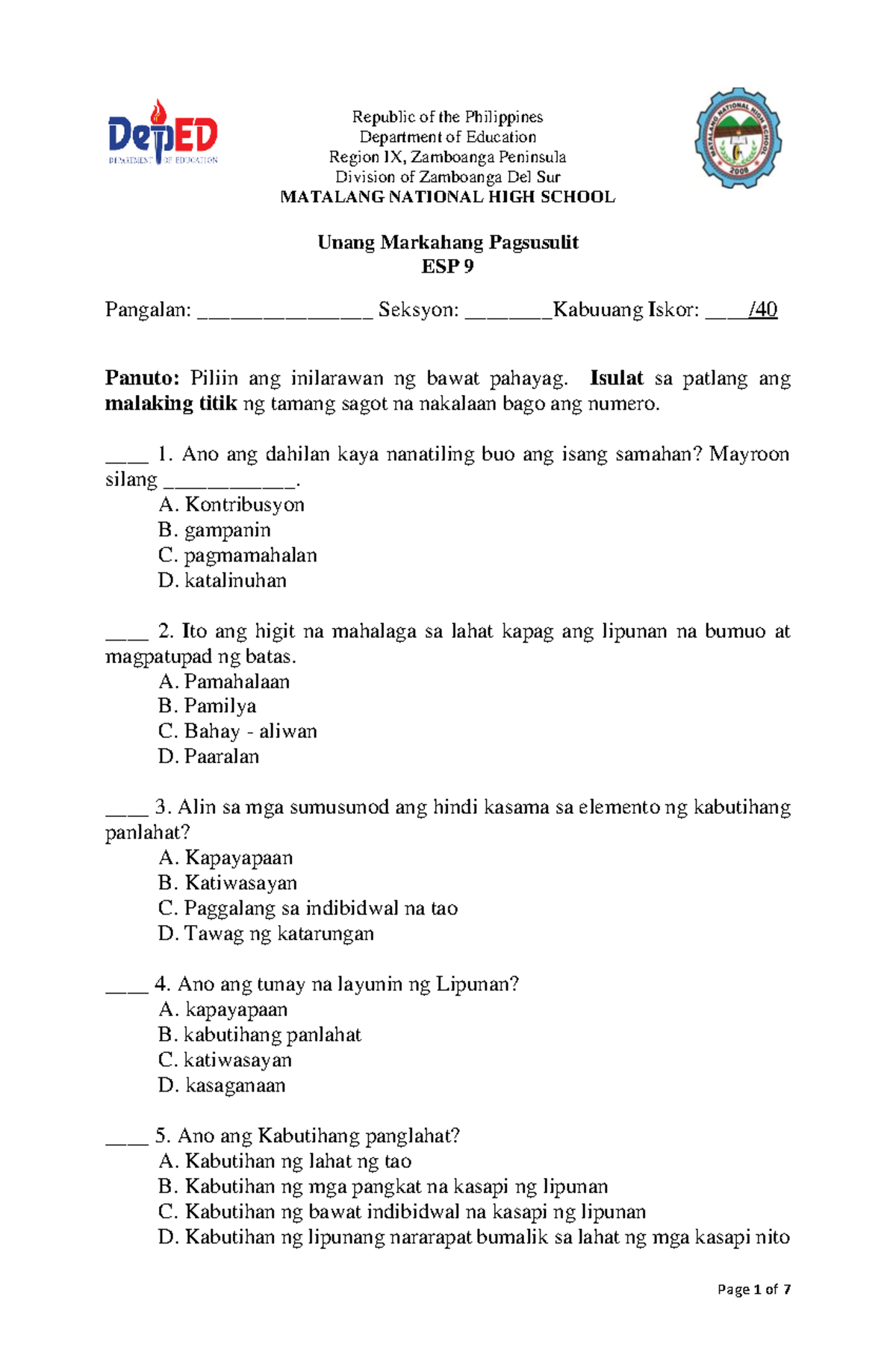 1st Quarter Exam ESP 9 (SY 2024-2025) Answer Sheet and Guide - Studocu