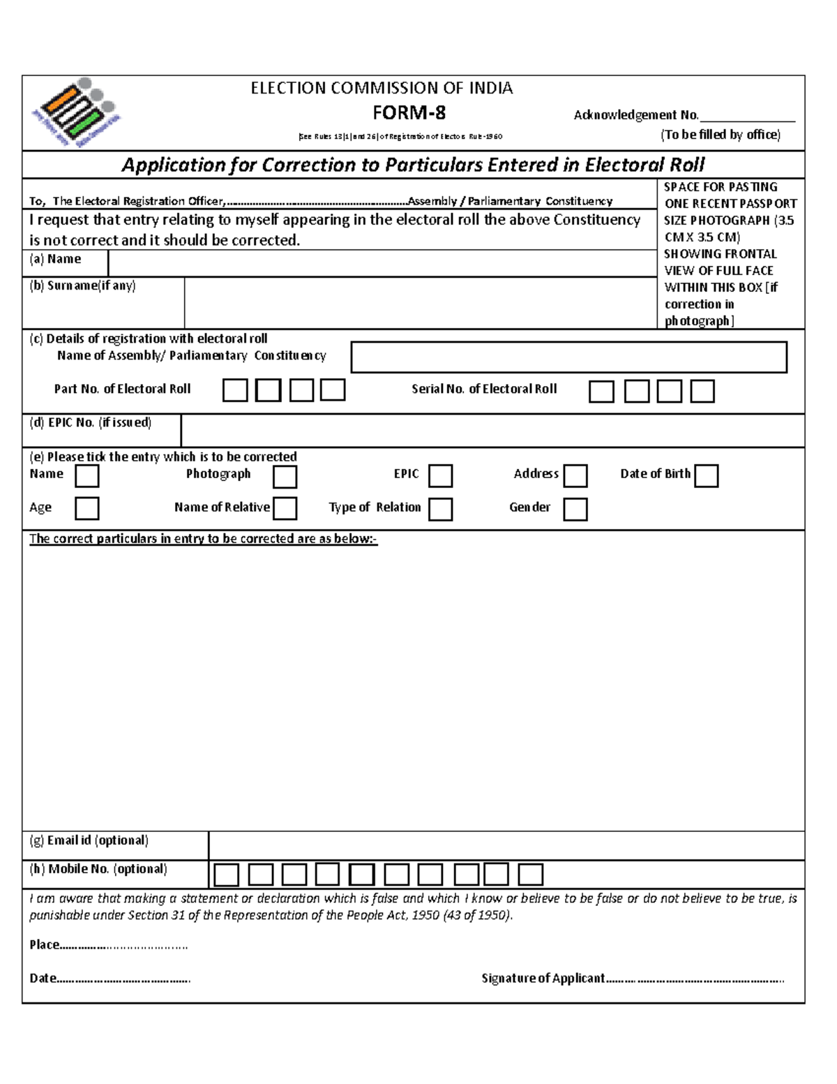 FORM 8 - ELECTION COMMISSION OF INDIA Correction Application Notes ...